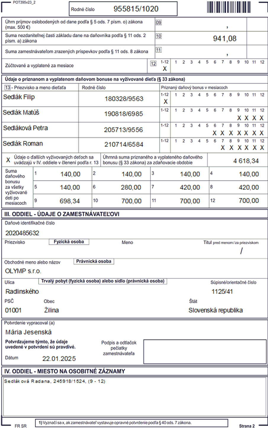 Potvrdenie o zdaniteľnej mzde za rok 2024